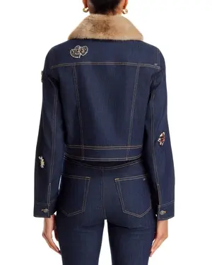 Cinq À Sept Lexie Baroque Patches Faux Fur Collar Denim Jacket