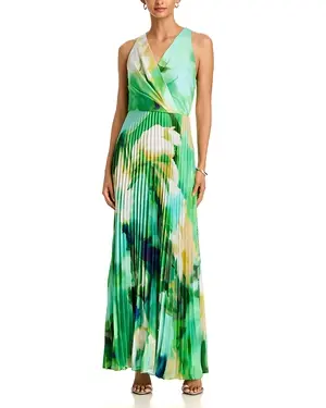 Aqua Printed Surplice Neck Pleated Gown Exclusive - Green/multi