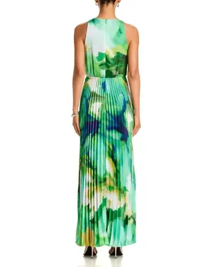 Aqua Printed Surplice Neck Pleated Gown Exclusive