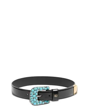 Valentino Garavani Stone Embellished Buckle Leather Belt - Black