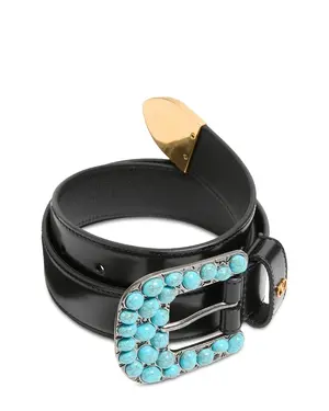 Valentino Garavani Stone Embellished Buckle Leather Belt