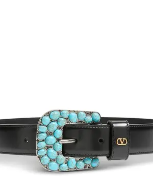 Valentino Garavani Stone Embellished Buckle Leather Belt