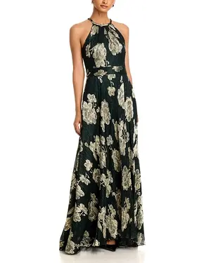 Aqua Metallic Halter Neck A Line Gown Exclusive - Hunter/gold