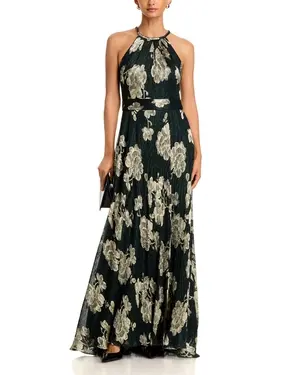 Aqua Metallic Halter Neck A Line Gown Exclusive