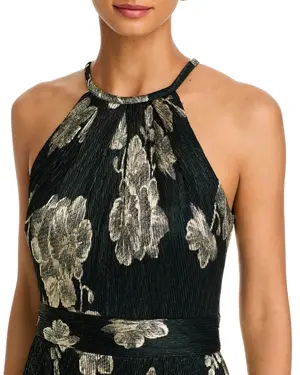 Aqua Metallic Halter Neck A Line Gown Exclusive