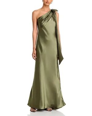 Aqua One Shoulder Satin Column Gown Exclusive - Olive