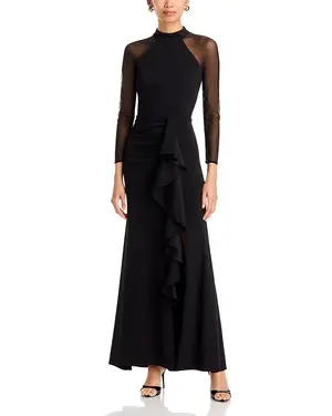 Aqua Mock Neck Mesh Sleeve Gown Exclusive - Black