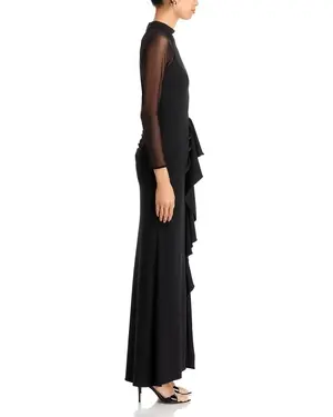 Aqua Mock Neck Mesh Sleeve Gown Exclusive