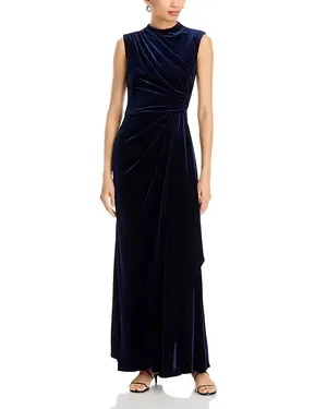 Aqua Velvet Side Ruched Sleeveless Gown Exclusive - Navy