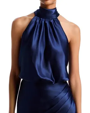 Aqua Long Charmeuse Tie Neck Dress Exclusive