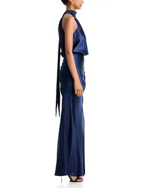 Aqua Long Charmeuse Tie Neck Dress Exclusive