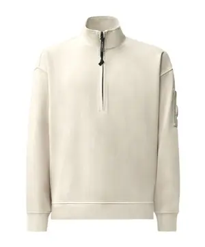 C.P. COMPANY Brushed And Emerized Diagonal Fleece Mixed Boxy Lens Half Zip Sweatshirt - Silver Birch