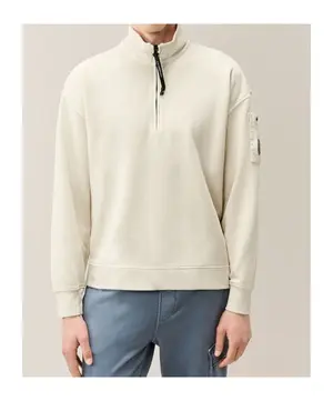 C.P. COMPANY Brushed And Emerized Diagonal Fleece Mixed Boxy Lens Half Zip Sweatshirt - Silver Birch
