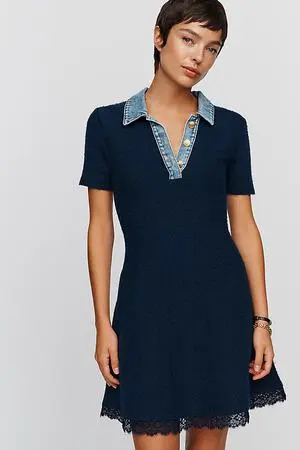 Maeve Knit Denim And Lace Mini Dress - Navy
