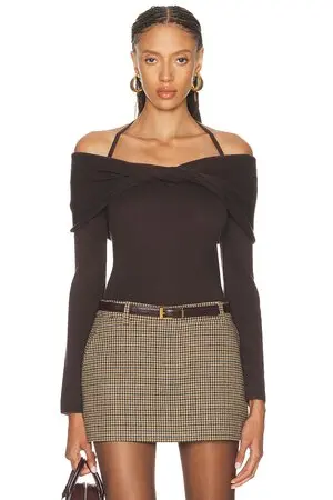 Simkhai Cambria Long Sleeve Off Shoulder Top In Brown - Chocolate