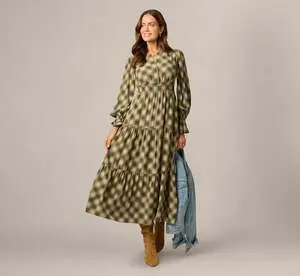 Adrianna Papell Plaid Sophia Tiered Maxi Dress - Olive Multi