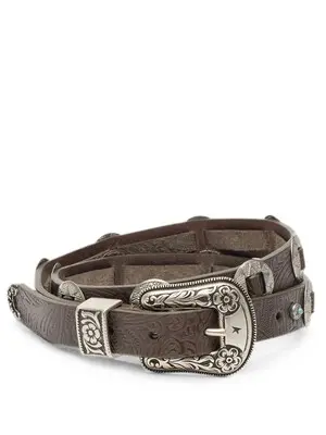 GOLDEN GOOSE Washed Leather Belt With Embossed Floral Pattern An