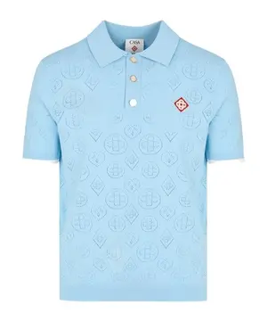 Casablanca Openwork Jacquard Knit Polo Shirt - Blue
