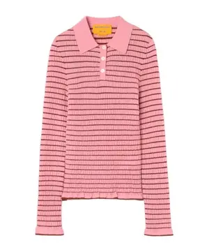 Guest In Residence Striped Shirred Polo Shirt - Pink
