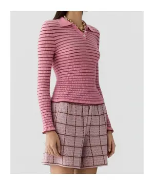 Guest In Residence Striped Shirred Polo Shirt