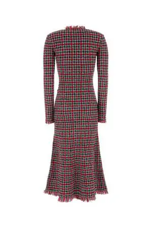 SELF-PORTRAIT Red Check Frayed Knit Midi Dress