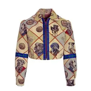 COUTURE TO YOUR DOOR Dog Print Tapestry Upcycled Cropped Jacket - Green