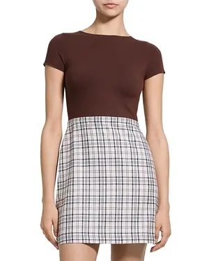 Theory Short Sleeve A-line Wool Dress - Cream Multi