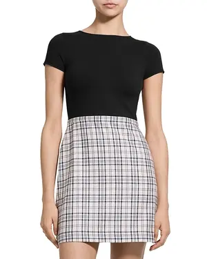 Theory Short Sleeve A-line Dress - Cream Multi