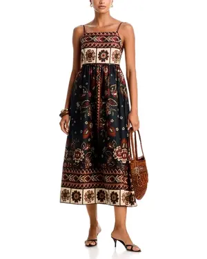 Aqua Cotton Blend Border Midi Dress
