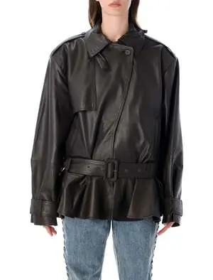 ROTATE BY BIRGER CHRISTENSEN Belted Biker Leather Jacket With Flared Peplum Hem - Mole Brown