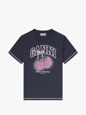 GANNI Round Neck Graphic Print T-shirt With Cross-stitch Trim - Grigio