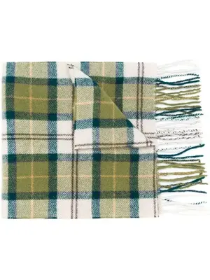 Barbour Lambs Wool Tartan Check Pattern Scarf With Fringed Edge - Green