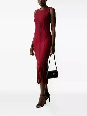Dkny Midi Ribbed-knit Fringe-trim Dress - Red