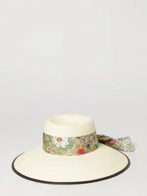 Gucci Raffia Panama Hat With Floral Silk Twill Band - Cream