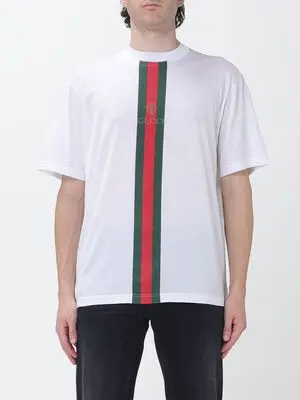 Gucci Striped Cotton T-shirt With Web Detail And Dropped Shoulders - White