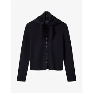 Whistles Detachable-scarf Round-neck Cotton-blend Cardigan - Navy