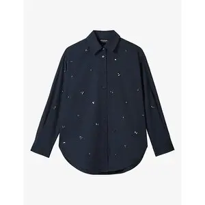 Whistles Long-sleeved Embellished Cotton-poplin Shirt - Navy/multi