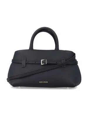Manu Atelier Pebbled Leather Top Handle Bag With Shoulder Strap - Nero