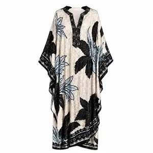 Loveist Store Adenium Botanical Print Jacquard Satin Kaftan