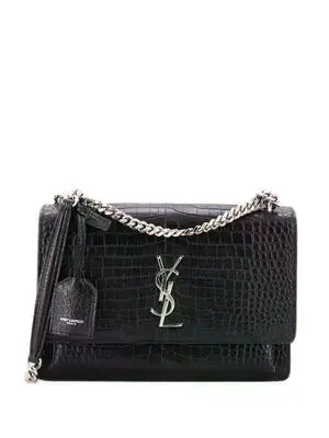 Saint Laurent Sunset Crocodile Embossed Leather Medium Crossbody Bag - Black