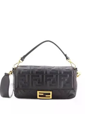 Fendi Baguette Nm Bag Zucca Embossed Leather Medium Crossbody Bag - Black