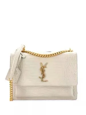 Saint Laurent Sunset Crocodile Embossed Leather Medium Crossbody Bag - White
