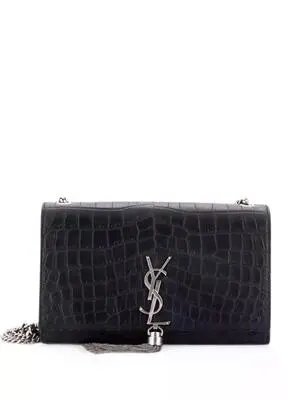 Saint Laurent Classic Monogram Tassel Crocodile Embossed Leather Medium Crossbody Bag - Black