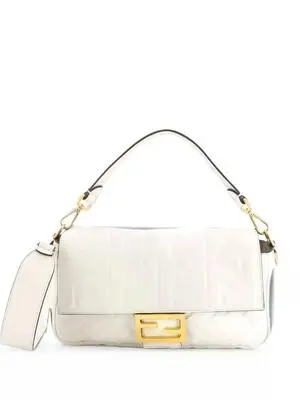 Fendi Baguette Nm Bag Zucca Embossed Leather Medium Crossbody Bag - White