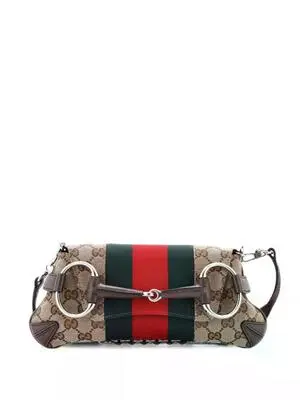 Gucci Horsebit Web Chain Clutch Gg Canvas Small Shoulder Bag - Brown