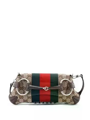 Gucci Horsebit Web Chain Clutch Gg Canvas - Brown