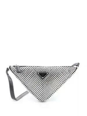 Prada Triangle Top Handle Pouch Bag Crystal Embellished Satin Mini Satchel - Black