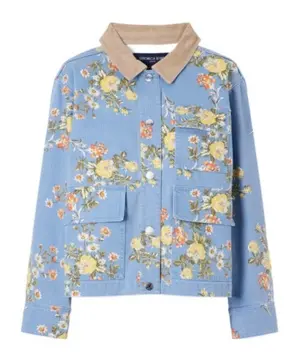 Veronica Beard Corduroy-trimmed Floral-print Denim Jacket - Blue