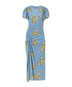 Veronica Beard Gathered Floral-print Silk-blend Satin Midi Dress - Blue