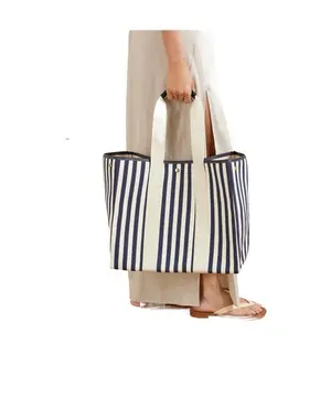 Rue De Verneuil Traversée Large Leather And Webbing-trimmed Striped Canvas Tote - White